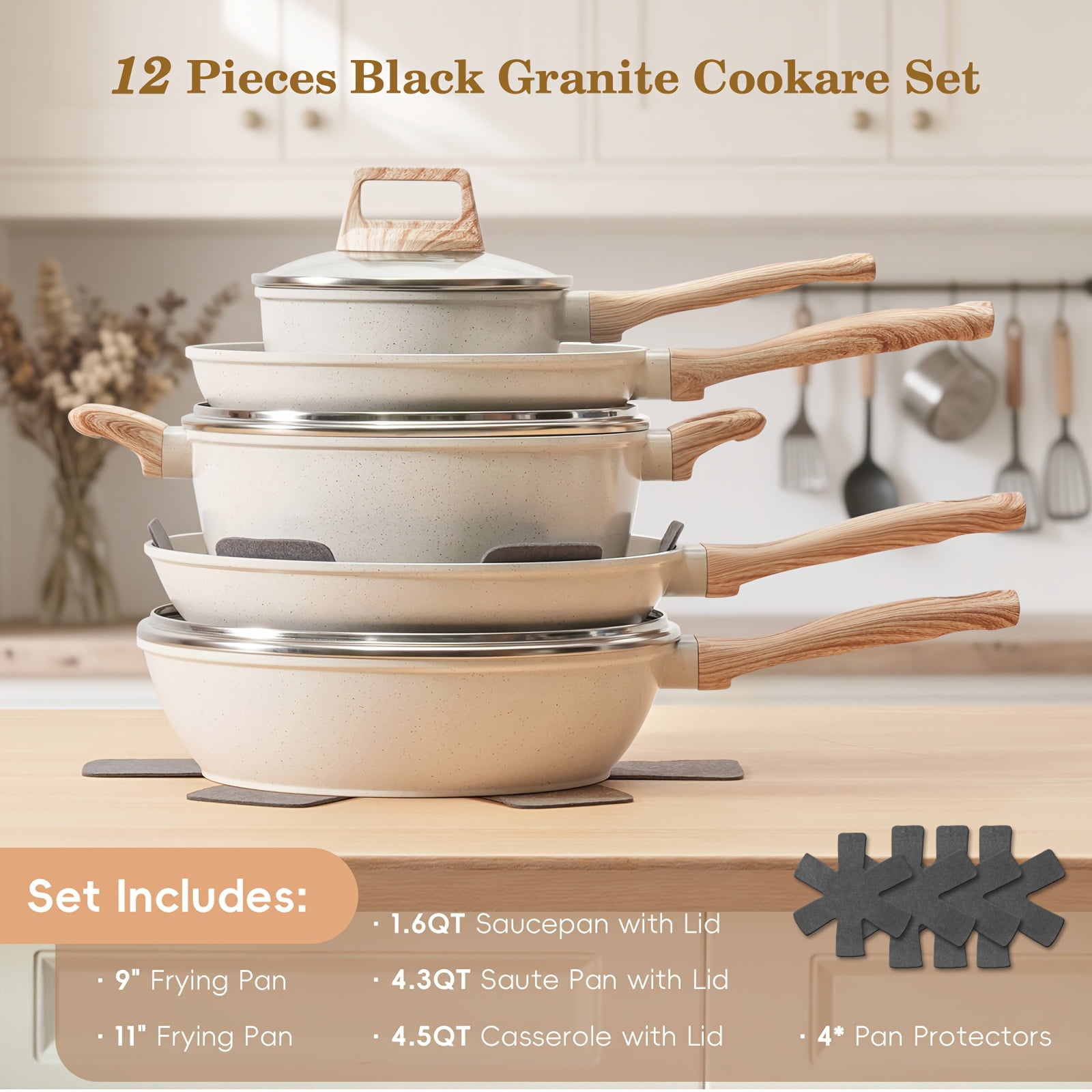 12-Piece Non-Stick Granite Cookware Set - Induction Ready, Heavy-Duty ...