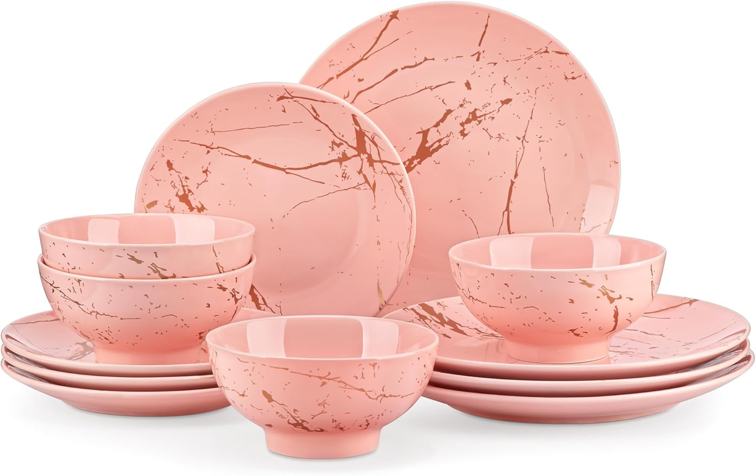 12 Piece Pink Dinnerware Sets for 4, Porcelain Plates and Bowls with ...