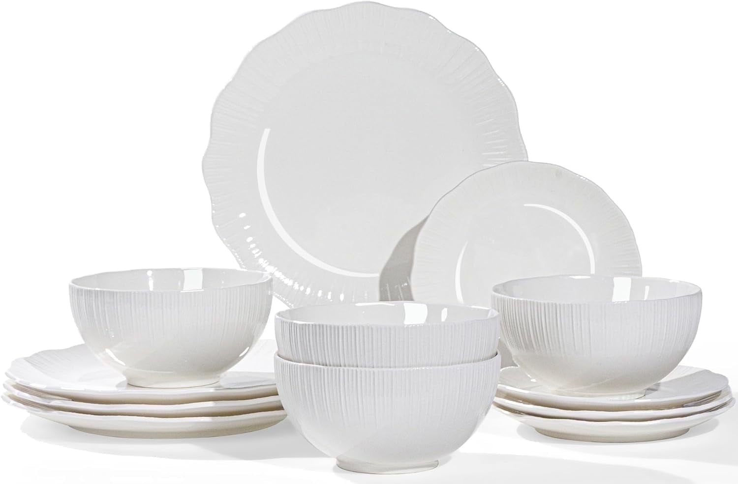 GSHLGAO 12-Piece Porcelain Dinnerware, Ruffle Ray Striped Ceramic Dish ...