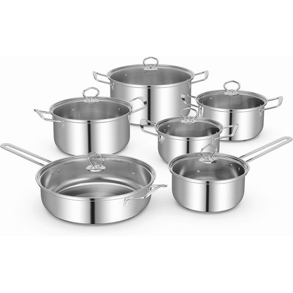 12 Piece Pots & Pans Set, Stainless Steel Cookware Set with Tempered ...
