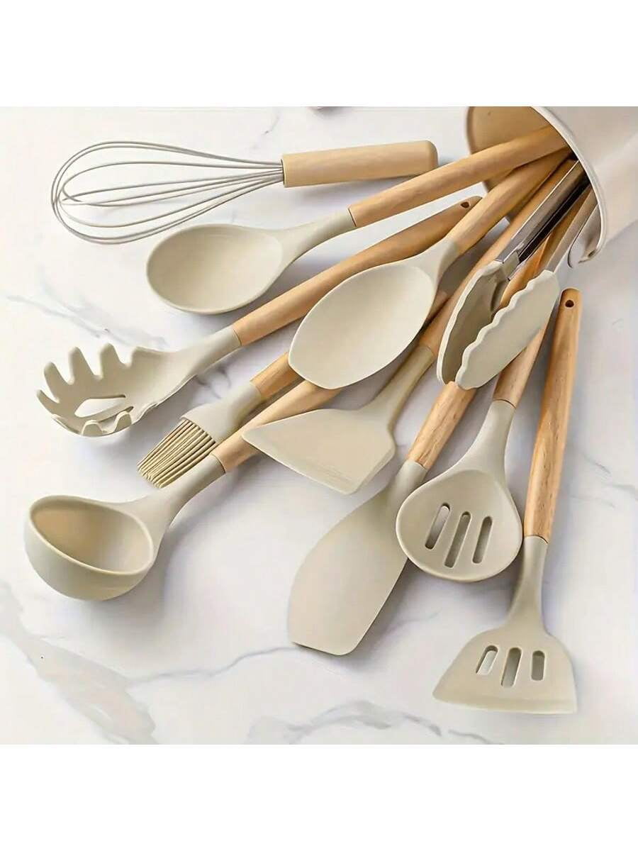 12-Piece Premium Silicone Kitchen Utensil Set - Ergonomic Wooden ...