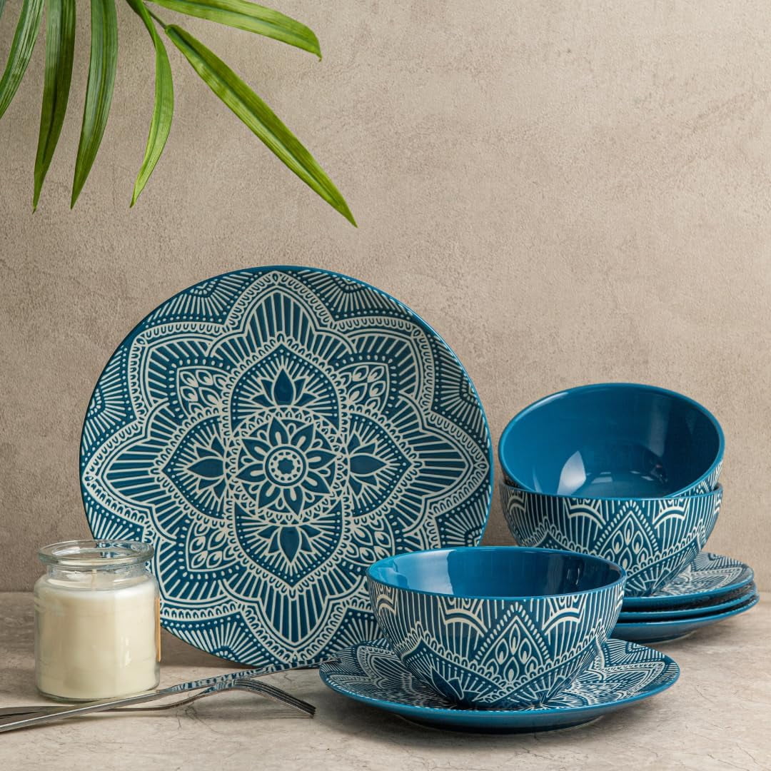 12-Piece Reactive Blue Ceramic Dinnerware Set Bali Breeze Blue Elegant ...