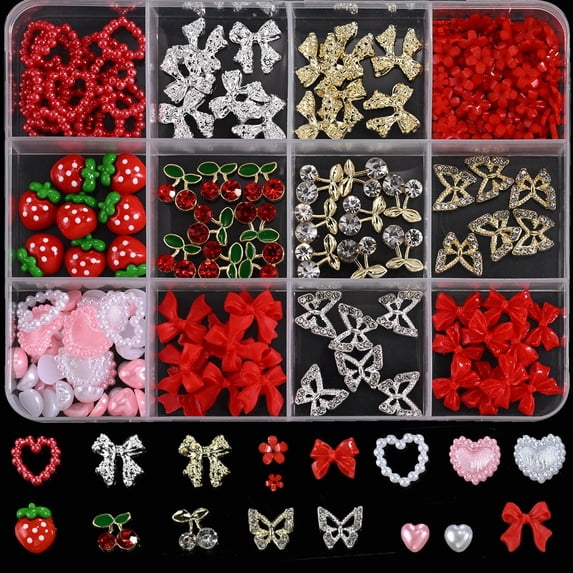12-Piece Red Butterfly Strawberry Heart Nail Art Decoration Set for ...