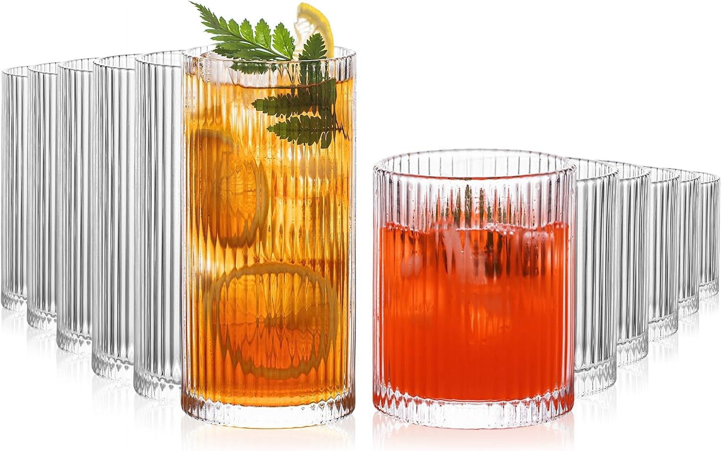 12-Piece Ribbed Glassware - 6 Highball Glasses 12 oz, 6 Rocks Glass ...