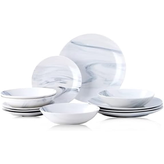 12-Piece Round Kitchen Dinnerware Set, Plates, Bowls, Service for 4 ...