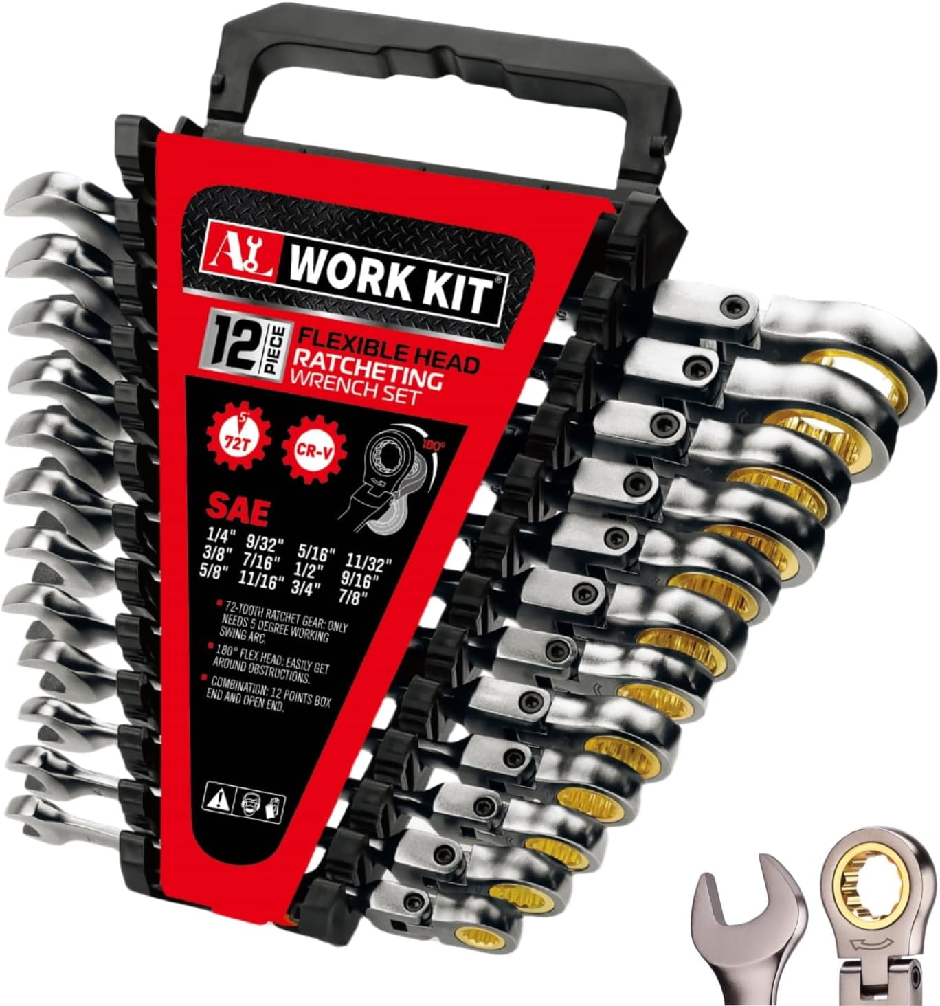 12 Piece SAE Ratcheting Wrench Set, SAE 1/4 To 7/8, 72-Teeth Design Flex-Head Ratcheting ...