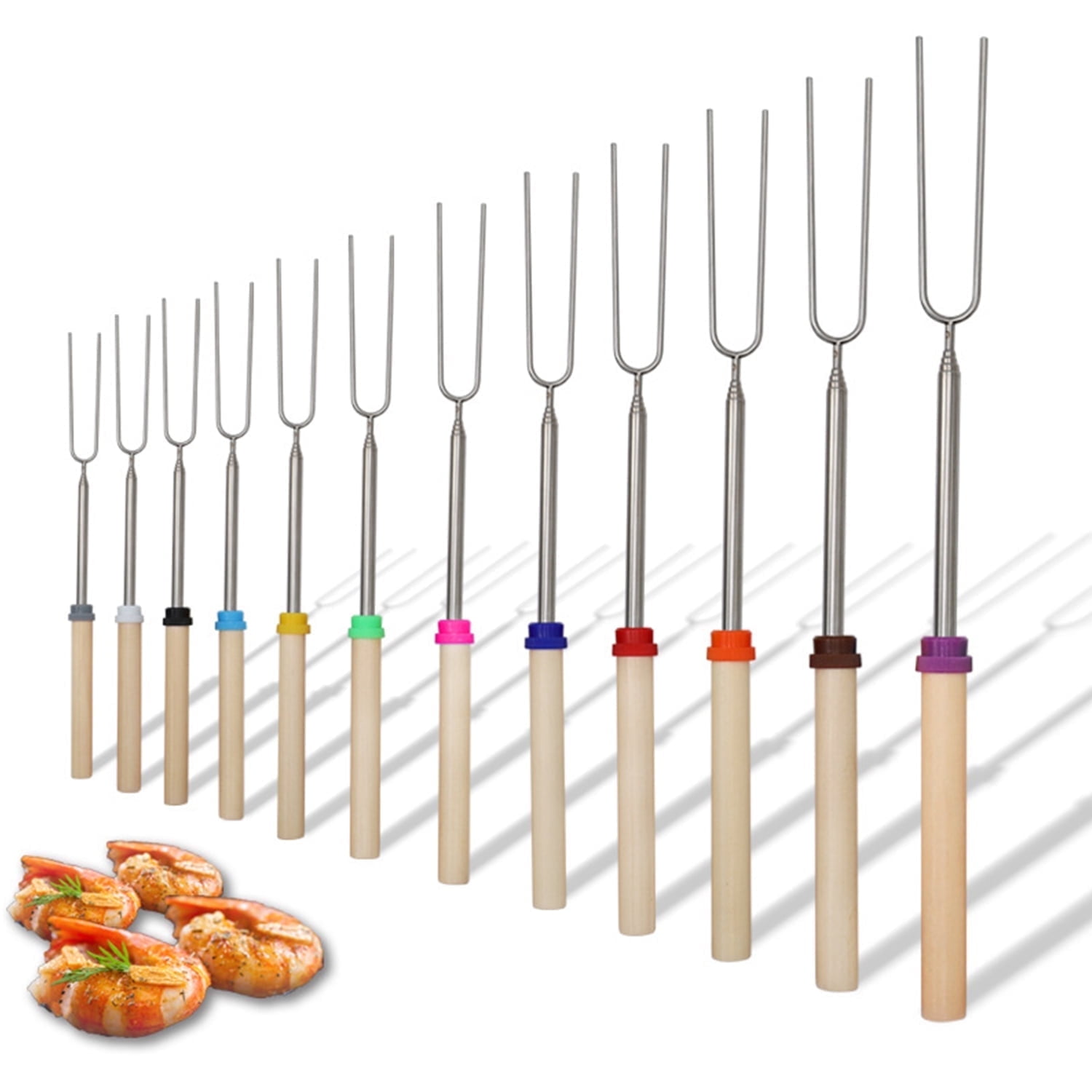 12 Piece Set Roasting Sticks Wooden Handle,Extendable Stainless Steel Marshmallow Roasting ...