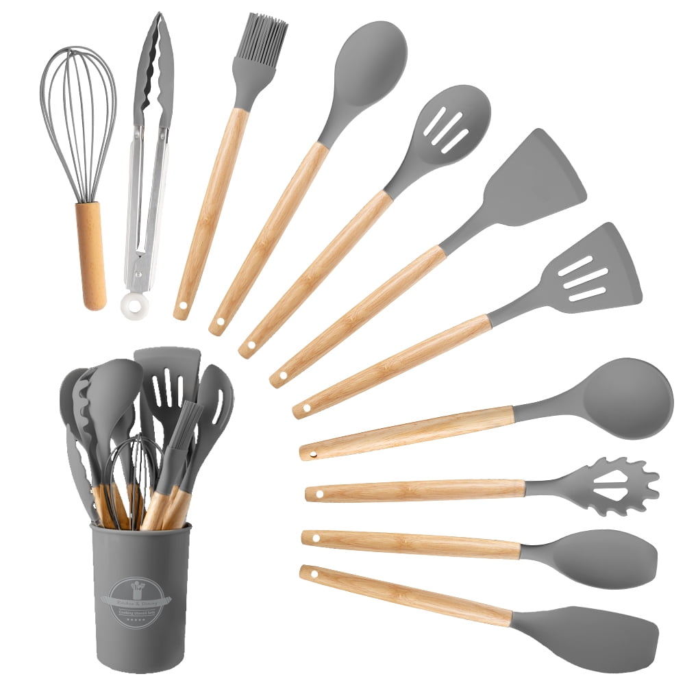 YooYuuk Silicone Wooden Heat Resistant Kitchen Utensil Set, 12 pcs ...