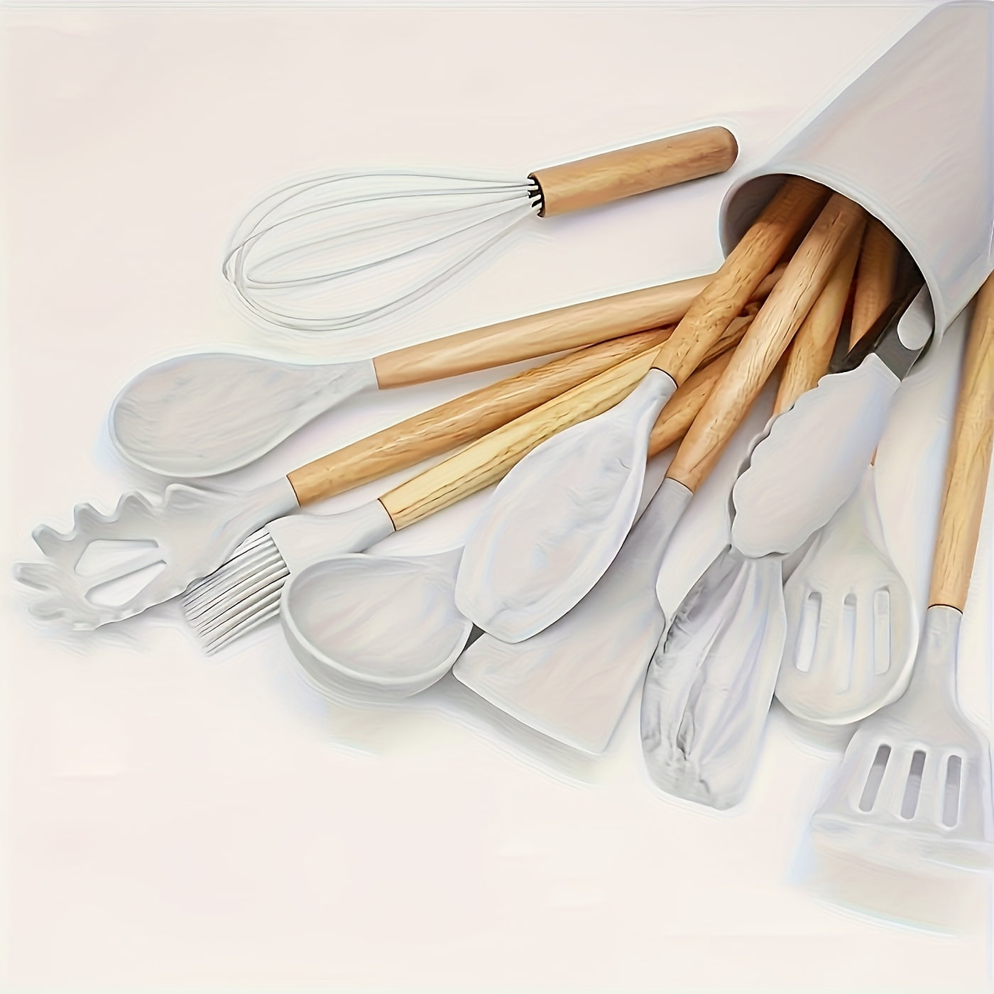 12-Piece Silicone Kitchen Utensil Set with Wooden Handles - Non-Stick ...