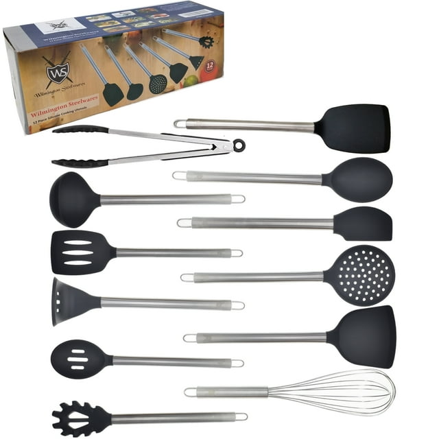 12 Piece Silicone and Stainless Steel Kitchen Cooking & Serving Utensil ...