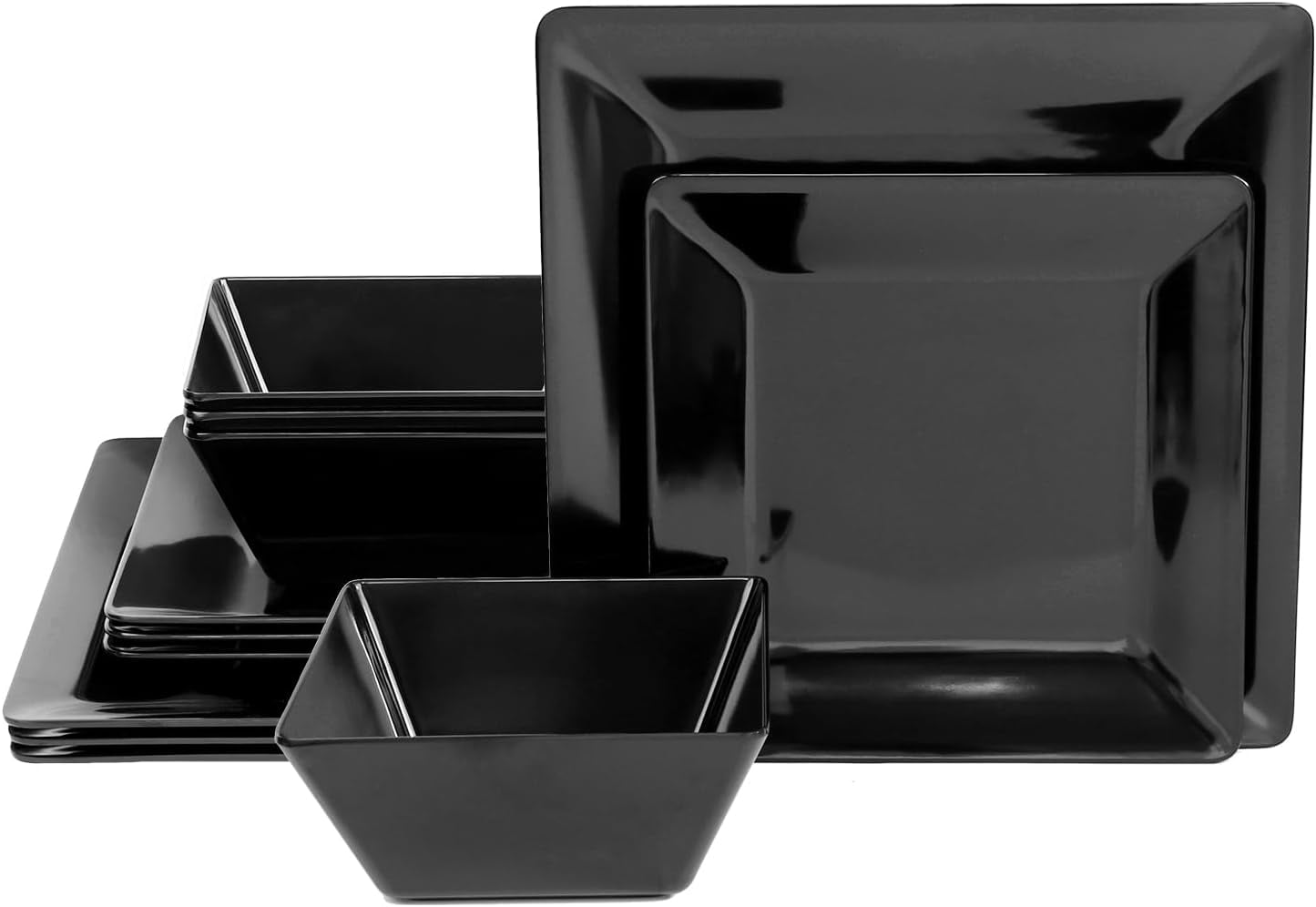 12-Piece Square Dinnerware Set, Melamine Dishes Set with Bowls and ...