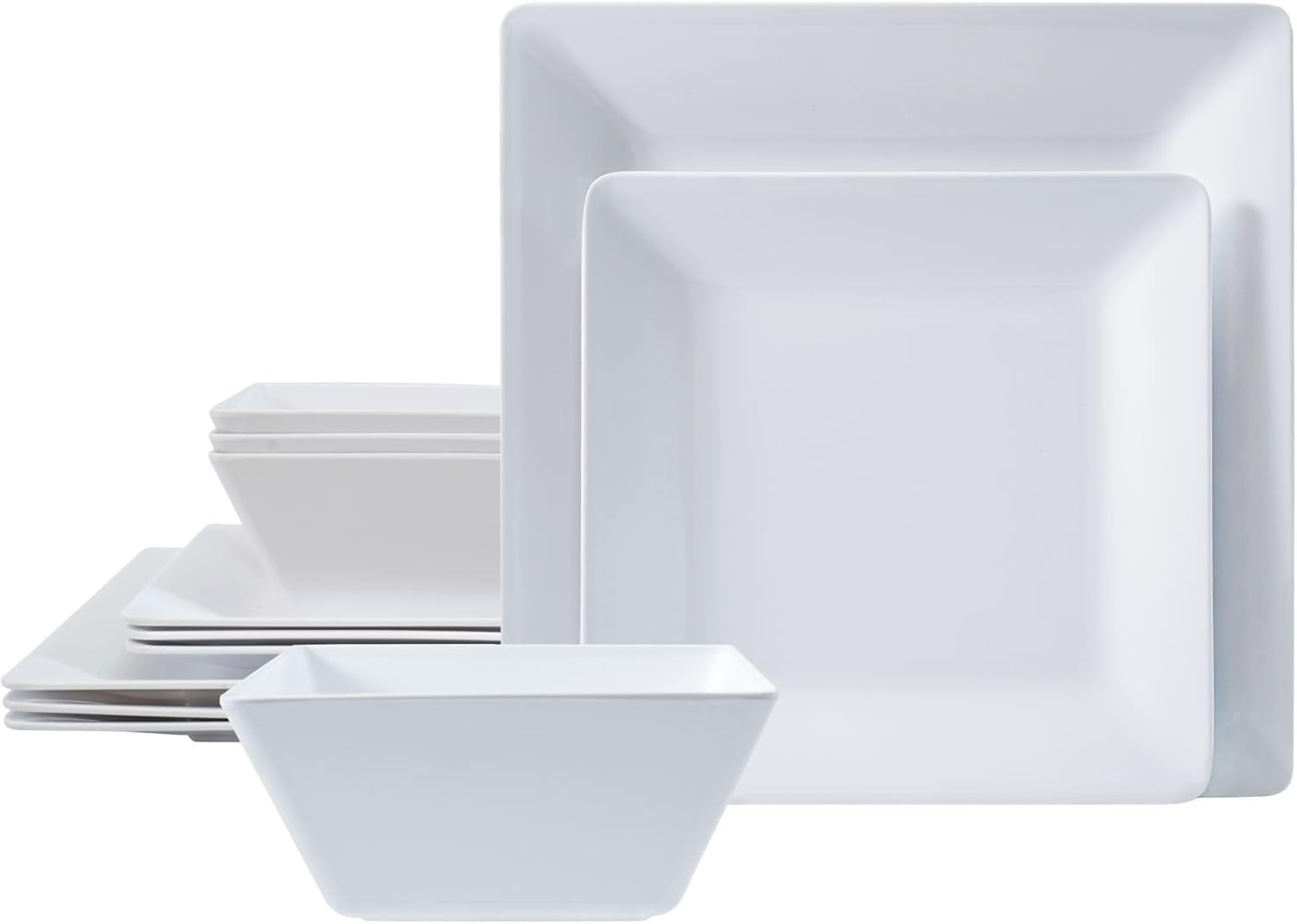 12-Piece Square Dinnerware Set, Melamine Dishes Set with Bowls and ...