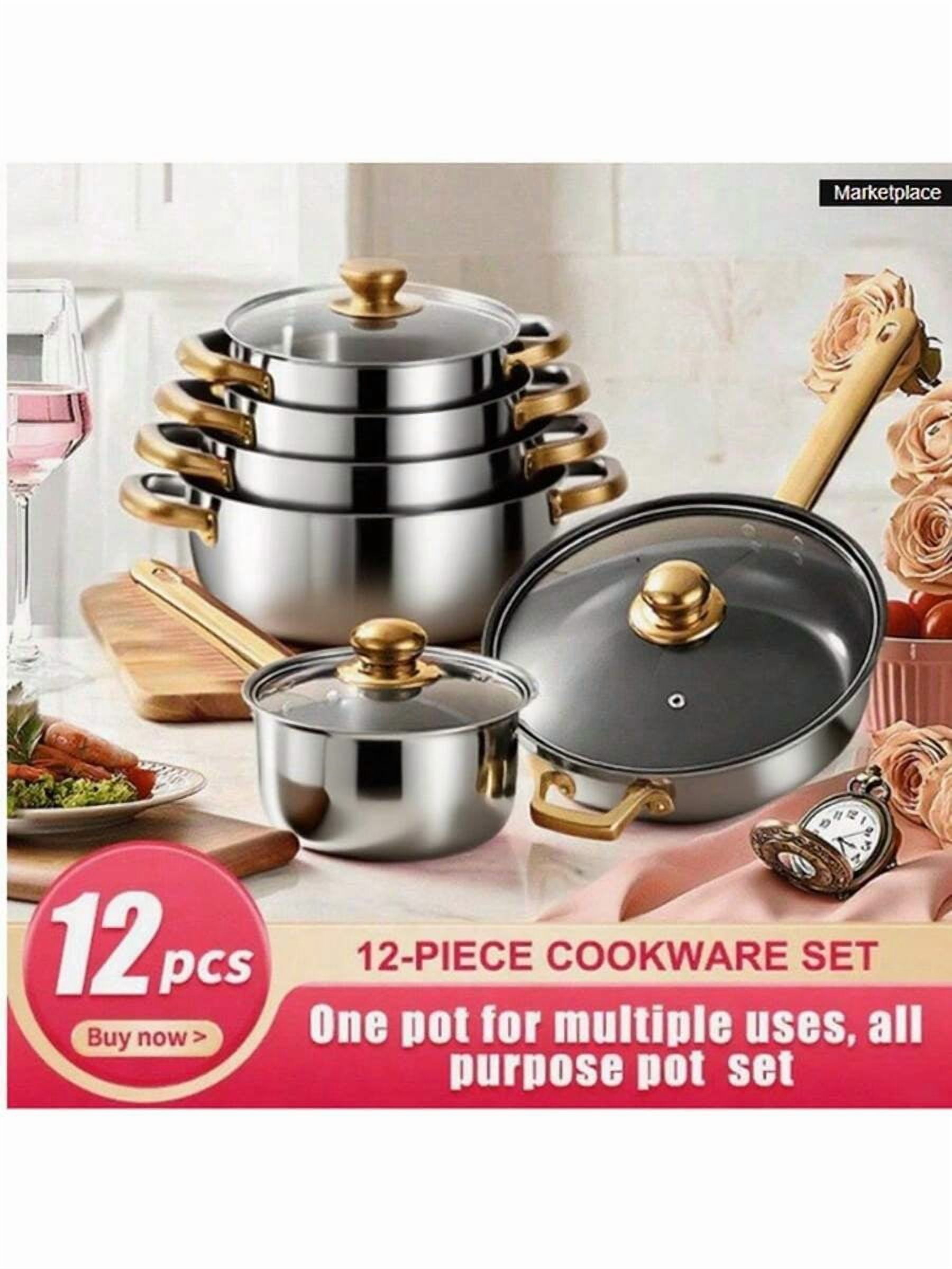 12-Piece Stainless Steel Cookware Set-Wire Handle Pot Set Stainless ...