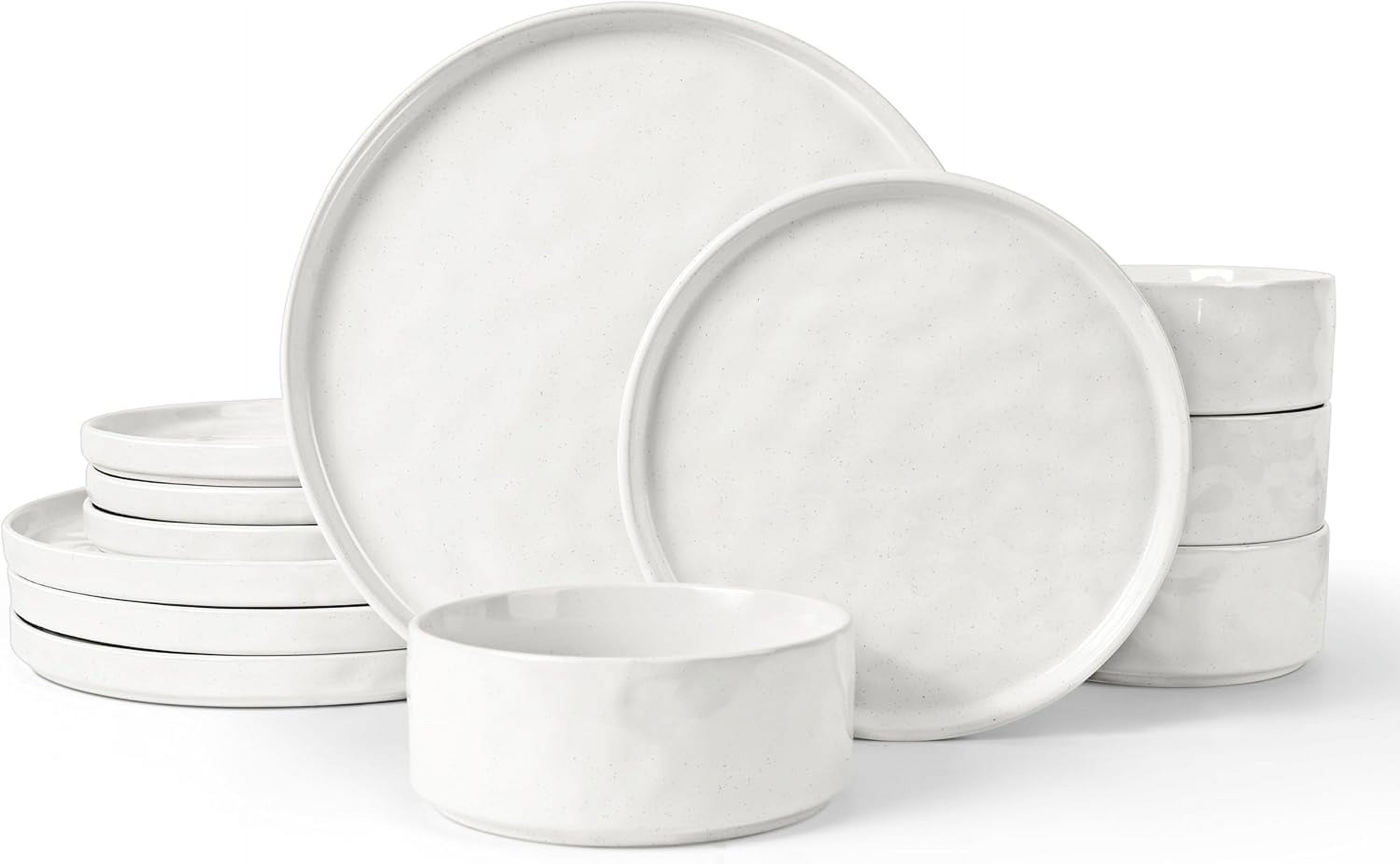 12-Piece Stoneware Dinnerware Set – Speckled Polar White Plates & Bowls ...
