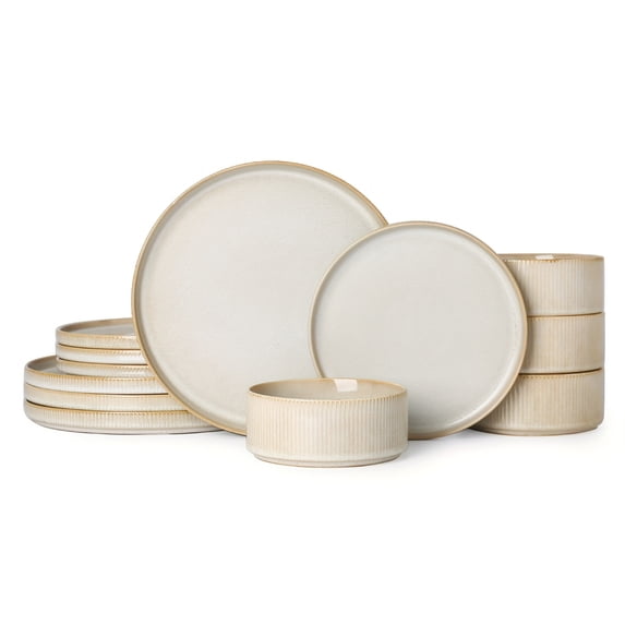12-Piece Striped Cream Beige Ceramic Dinnerware Set - Microwave ...