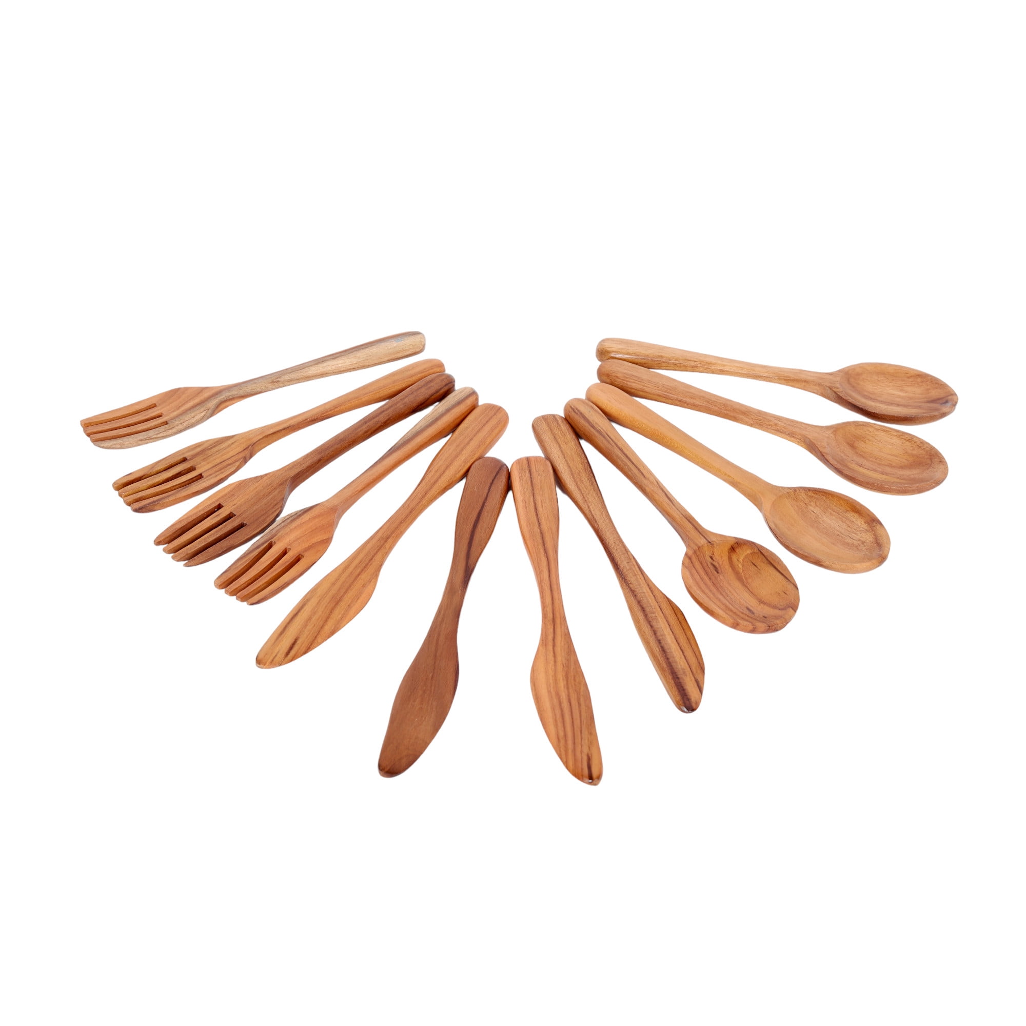 12 Piece Teak Wood Cutlery Set for Dinner, Kitchen Flatware Tableware ...