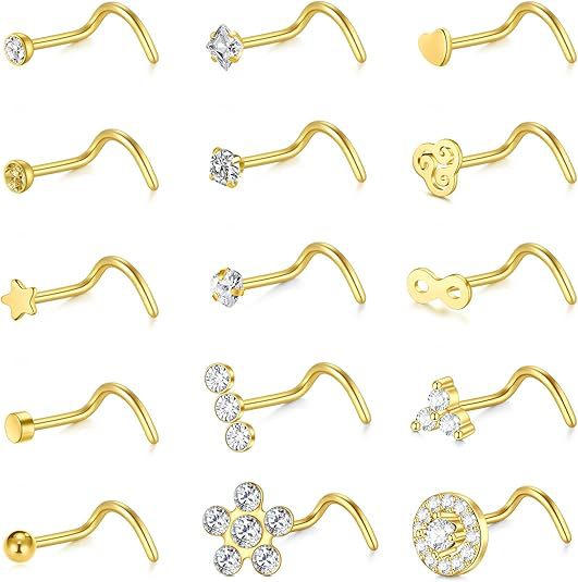 12-Piece Titanium Steel Zirconium Stone Nose Stud S-Shaped and Curved ...