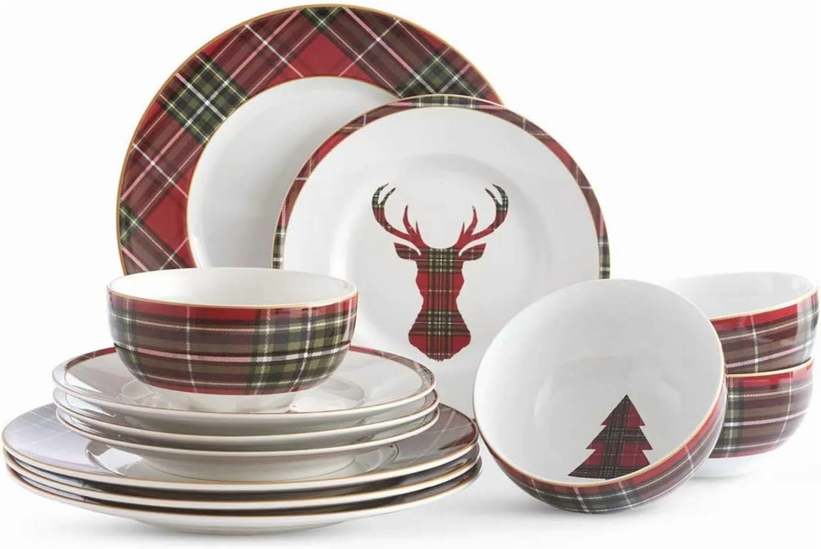 12-Piece Wexford Red Porcelain Dinnerware Set – Service for 4, Plaid ...