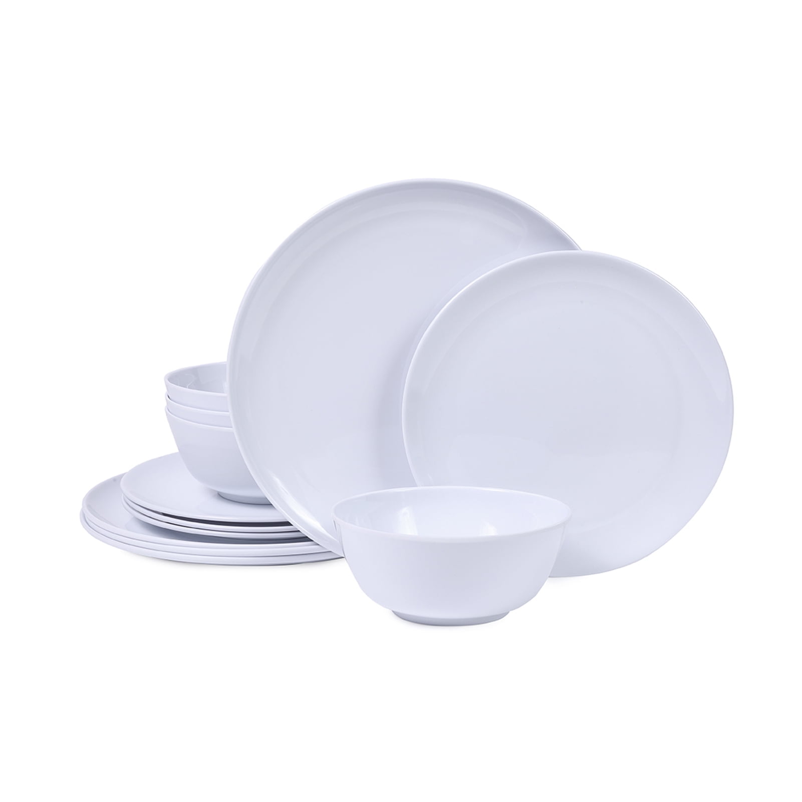 12 Piece White Melamine Dinnerware Set Plates Bowls Service for 4 Break ...