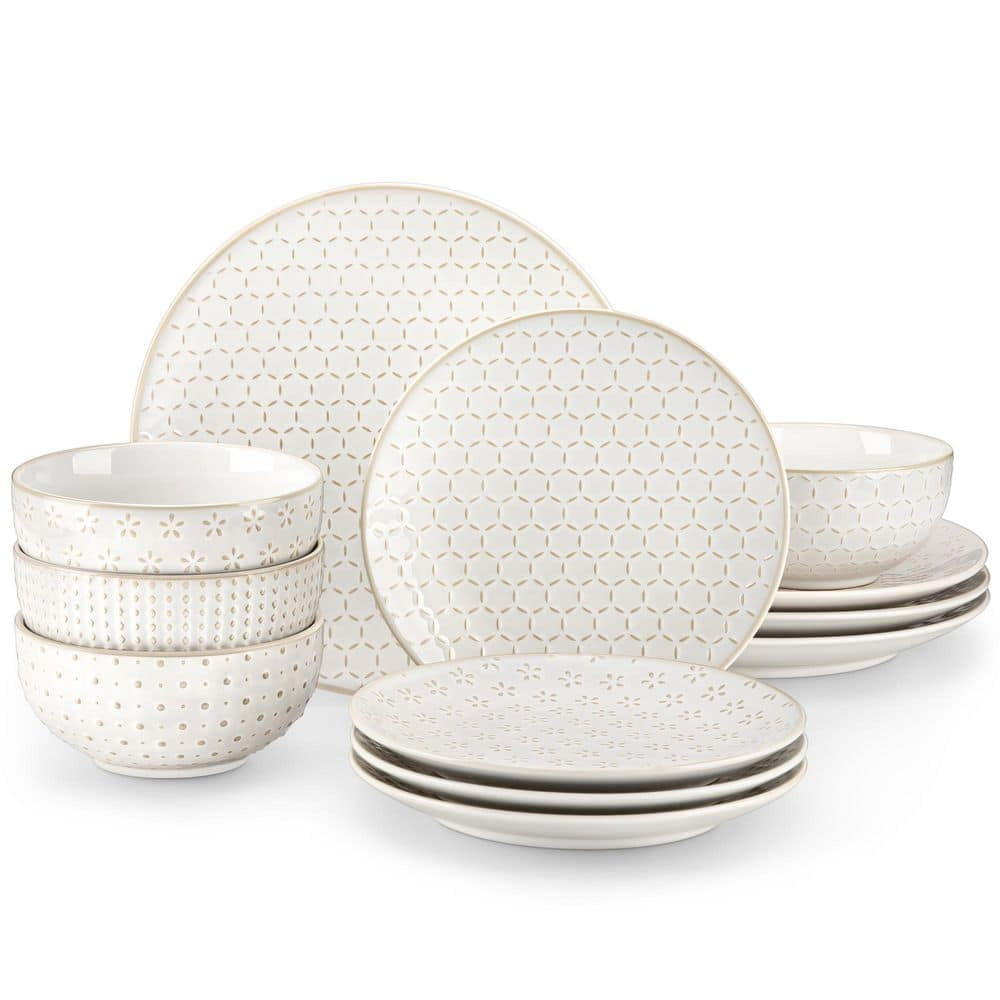 12-Piece White Stoneware Dinnerware Set Service for 4-Embossed Pattern ...
