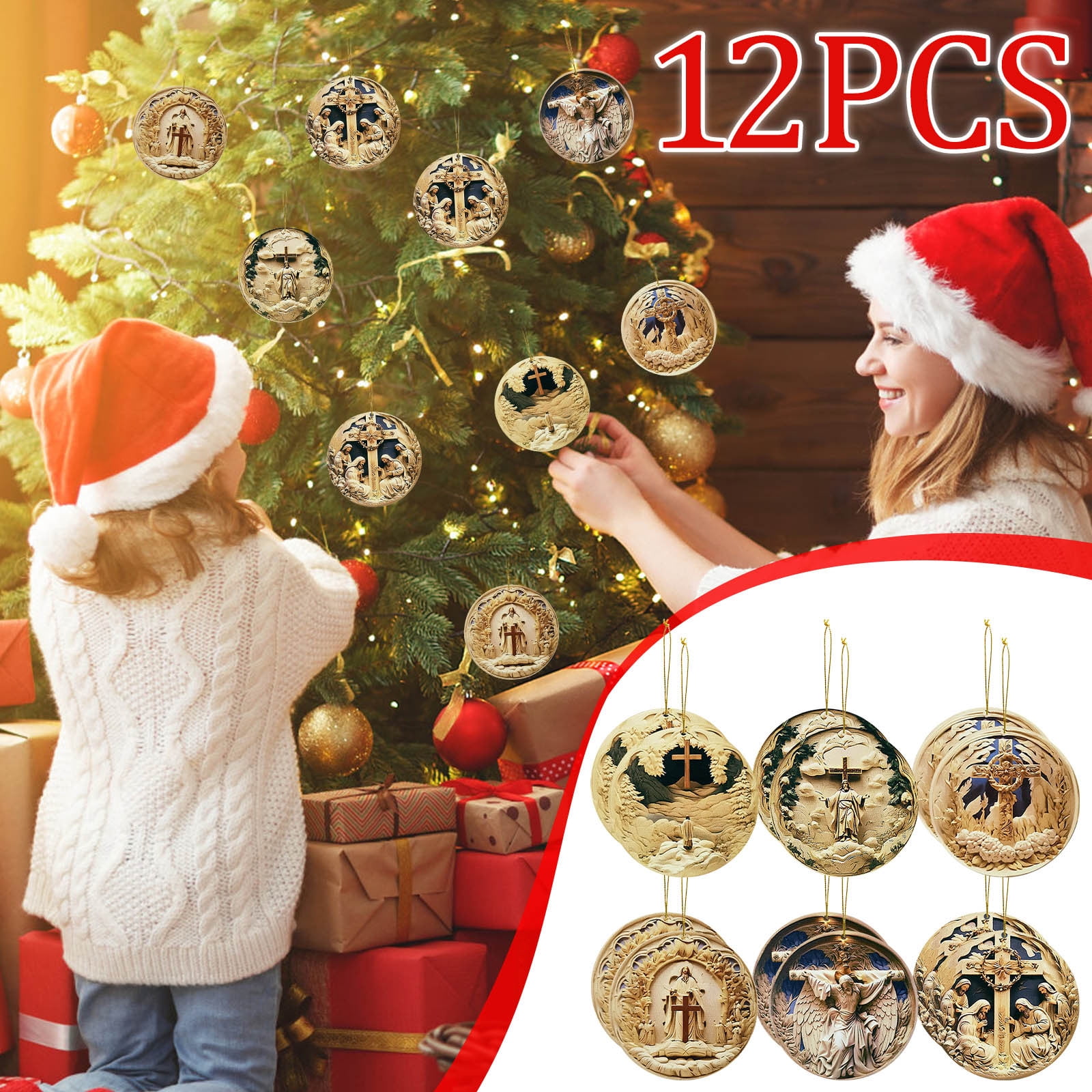 12-Piece Wooden Nativity Ornaments Set, Religious Christmas Tree ...