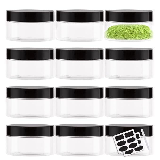 12 Pieces 1 Ounce Clear Plastic Jars with Black Lids, Airtight Wide ...