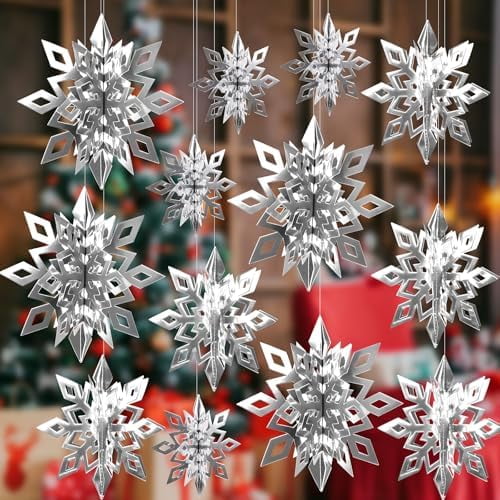 12 Pieces 3D Silver Snowflake Hanging Garland, Christmas Iridescent ...