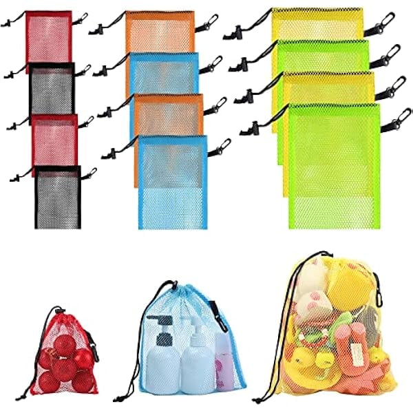 12 Pieces 6 color Mesh Drawstring Bag with Clips, Nylon Drawstring Bags ...