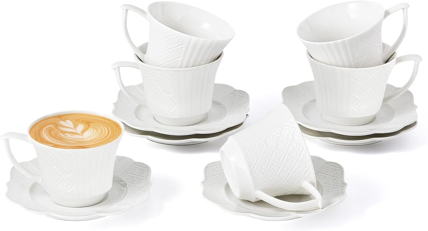 12 Pieces 6 oz Tea Cup and Saucer Set, Cappuccino Latte Americano ...