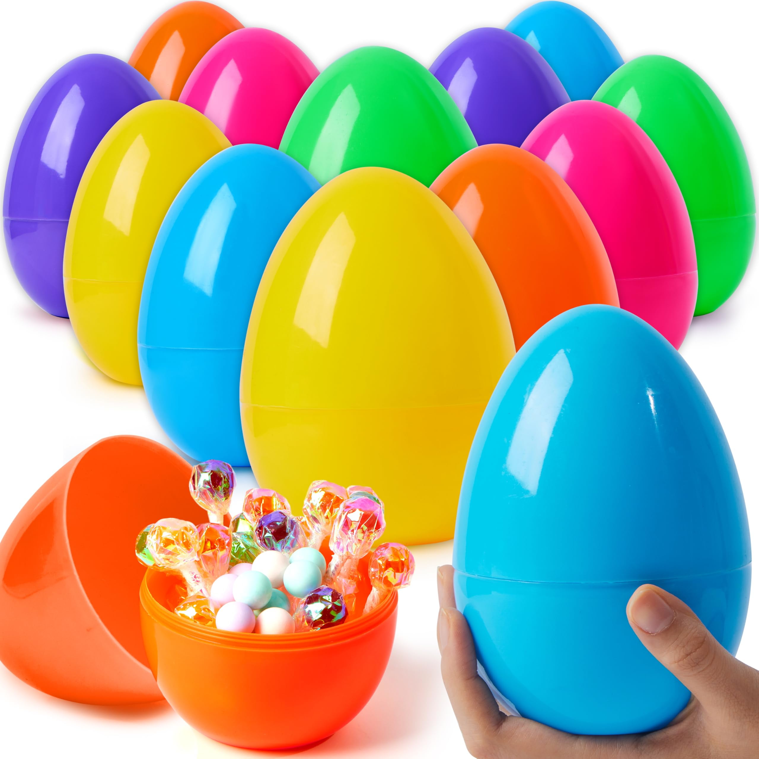 12 Pieces 7" Jumbo Plastic Bright Solid Easter Eggs Assorted Colors for Filling Treats, Easter ...