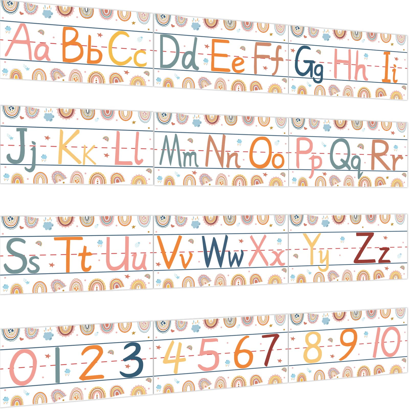 12 Pieces Alphabet Bulletin Board Strips Set Boho Rainbow Alphabet Line ...