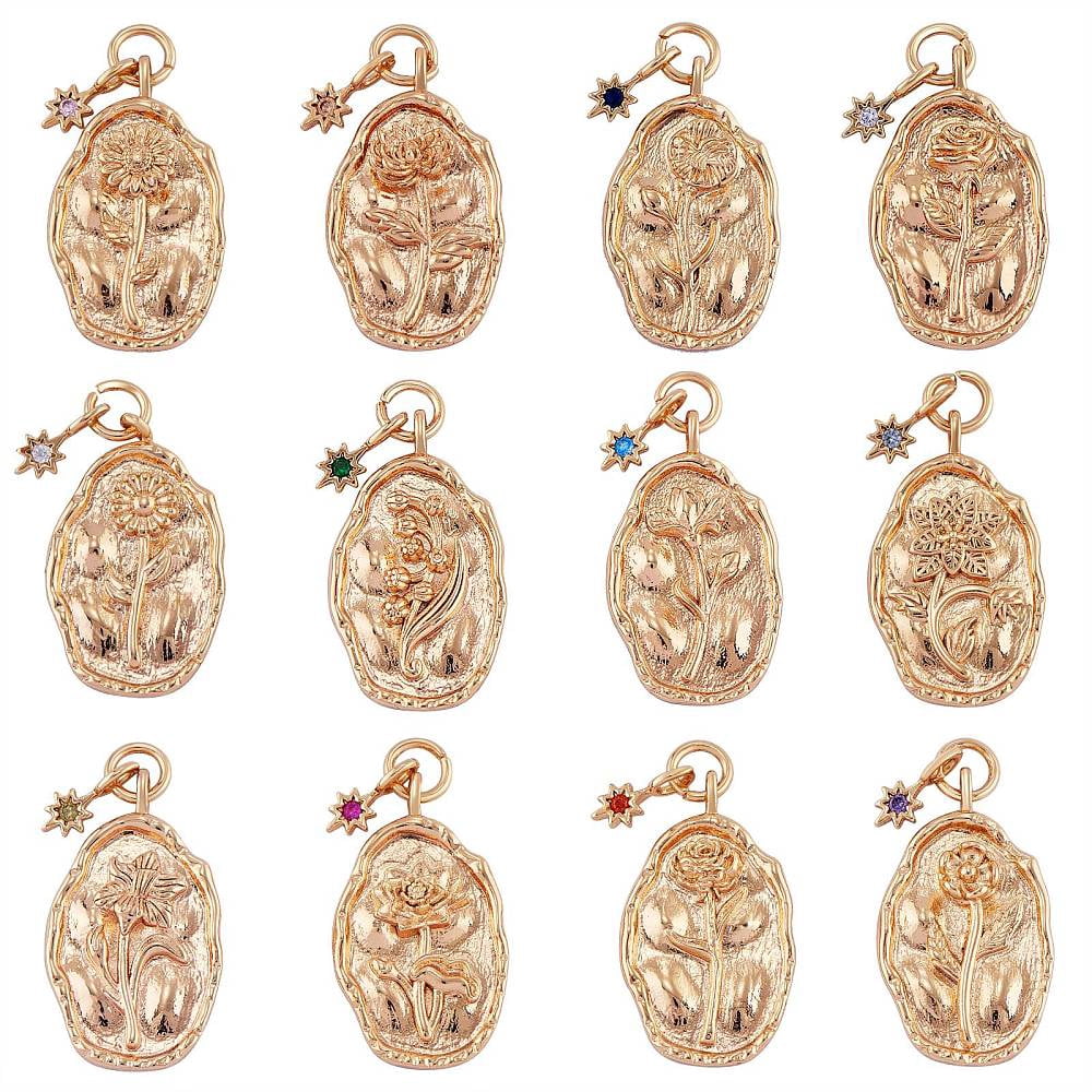 12 Pieces Birth Flower Charms Pendant Brass Rhinestone Flower Charm ...