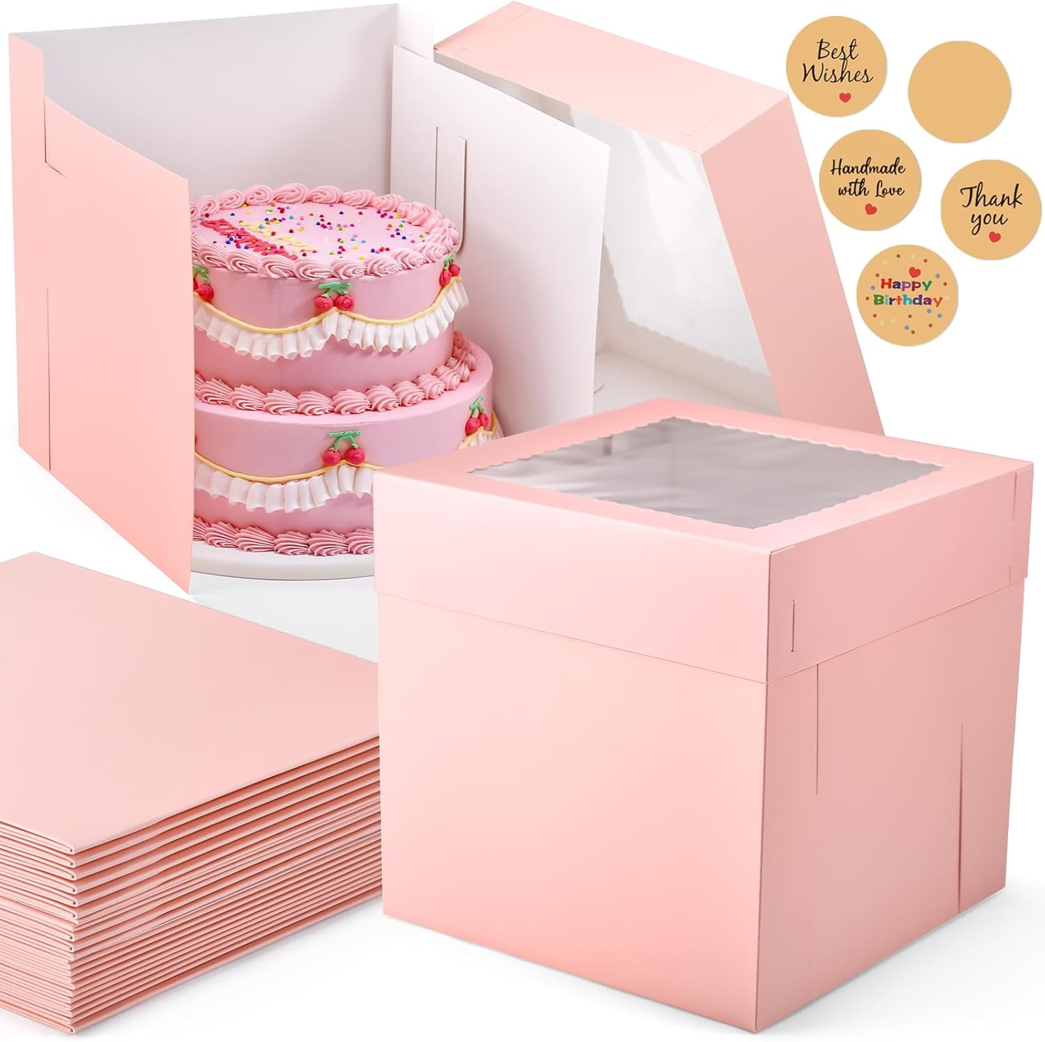 12 Pieces Cake Boxes, 12x12x12 Inches Tall Cake Boxes with Window, Pink ...