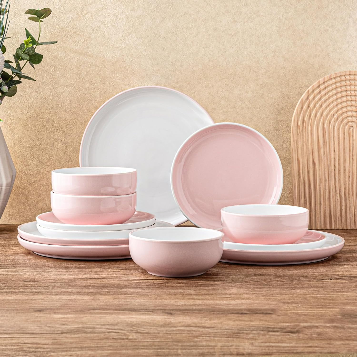 12 Pieces Ceramic Dinnerware Set, Modern White Dish Set for 4，Scratch ...