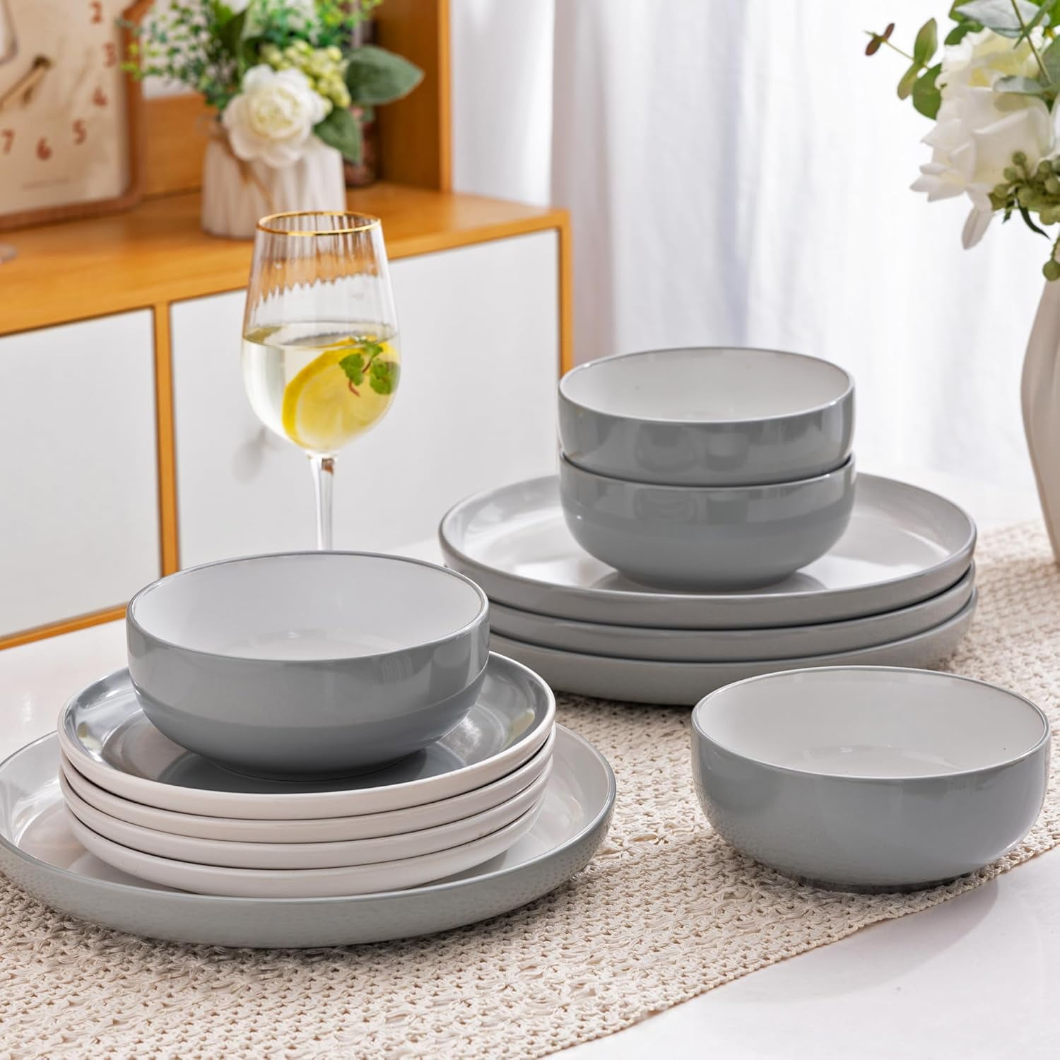 12 Pieces Ceramic Dinnerware Set, Modern White Dish Set for 4，Scratch ...