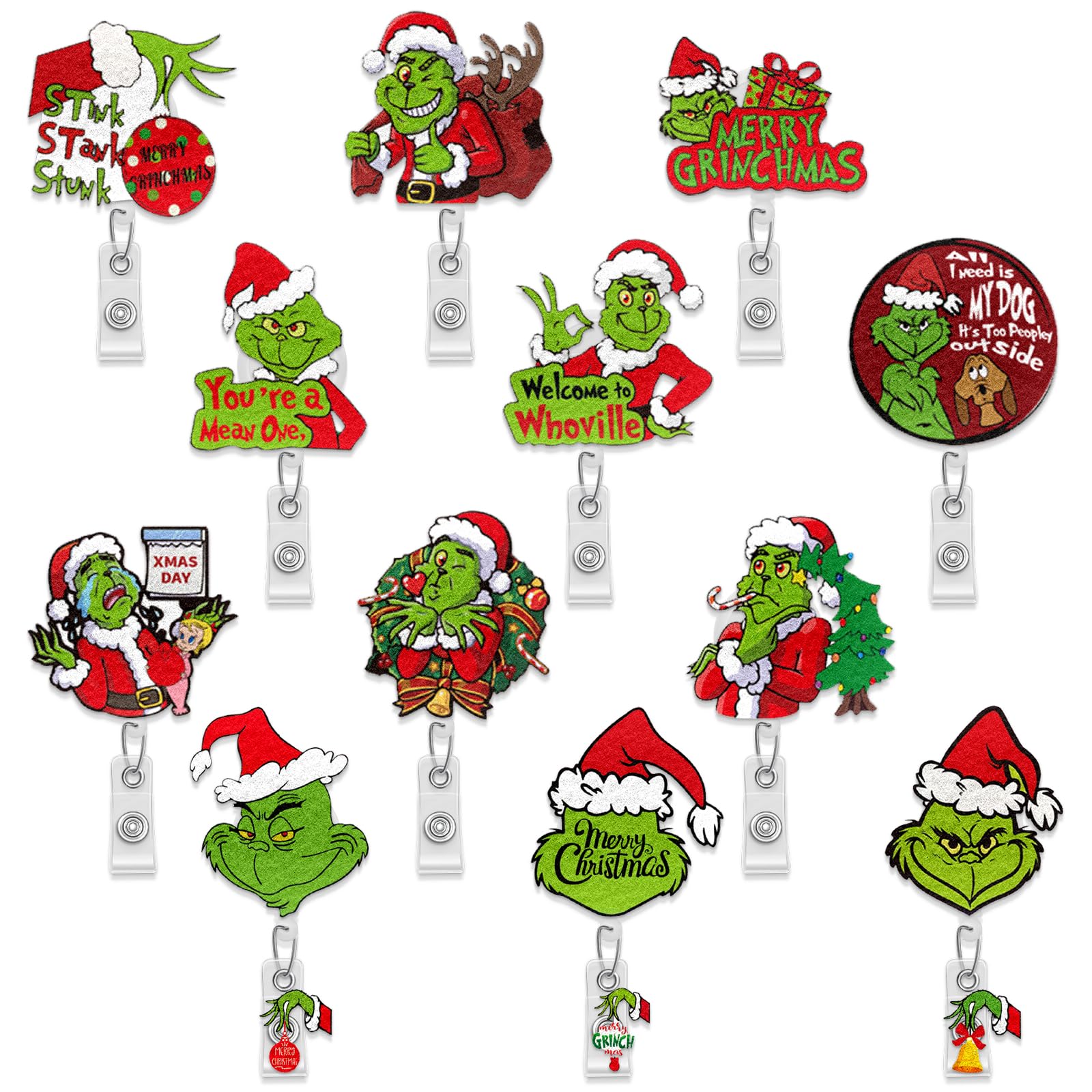 12 Pieces Christmas Badge Reel Xmas Retractable Badge Holders Felt Cute ...