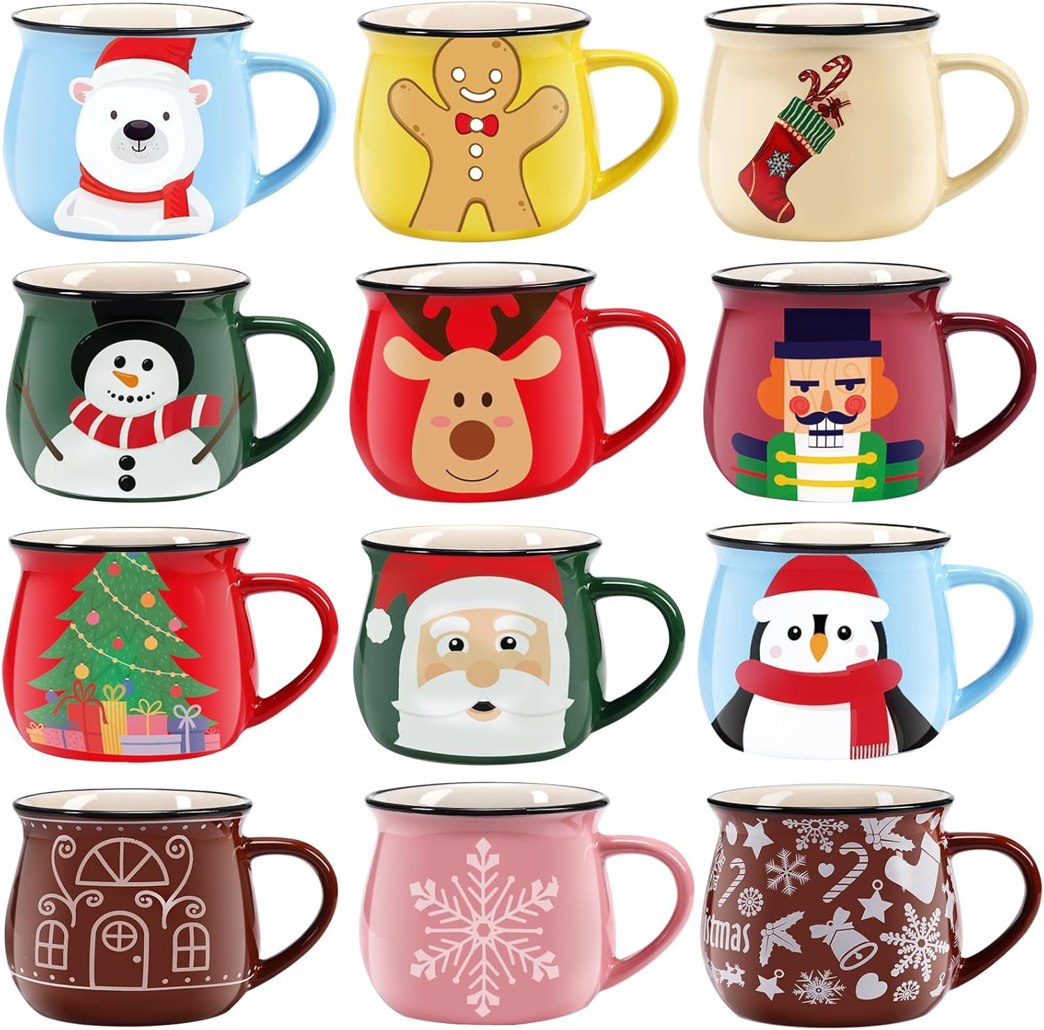 12 Pieces Christmas Mugs Set, 12 oz Christmas Coffee Mugs Gifts for Hot ...