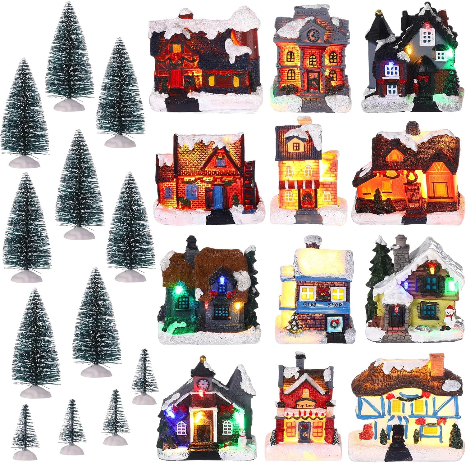 12 Pieces Christmas Winter Houses Village with 12 Pieces Trees Lamp LED ... 12 Pieces Christmas Winter Houses Village with 12 Pieces Trees Lamp LED ...