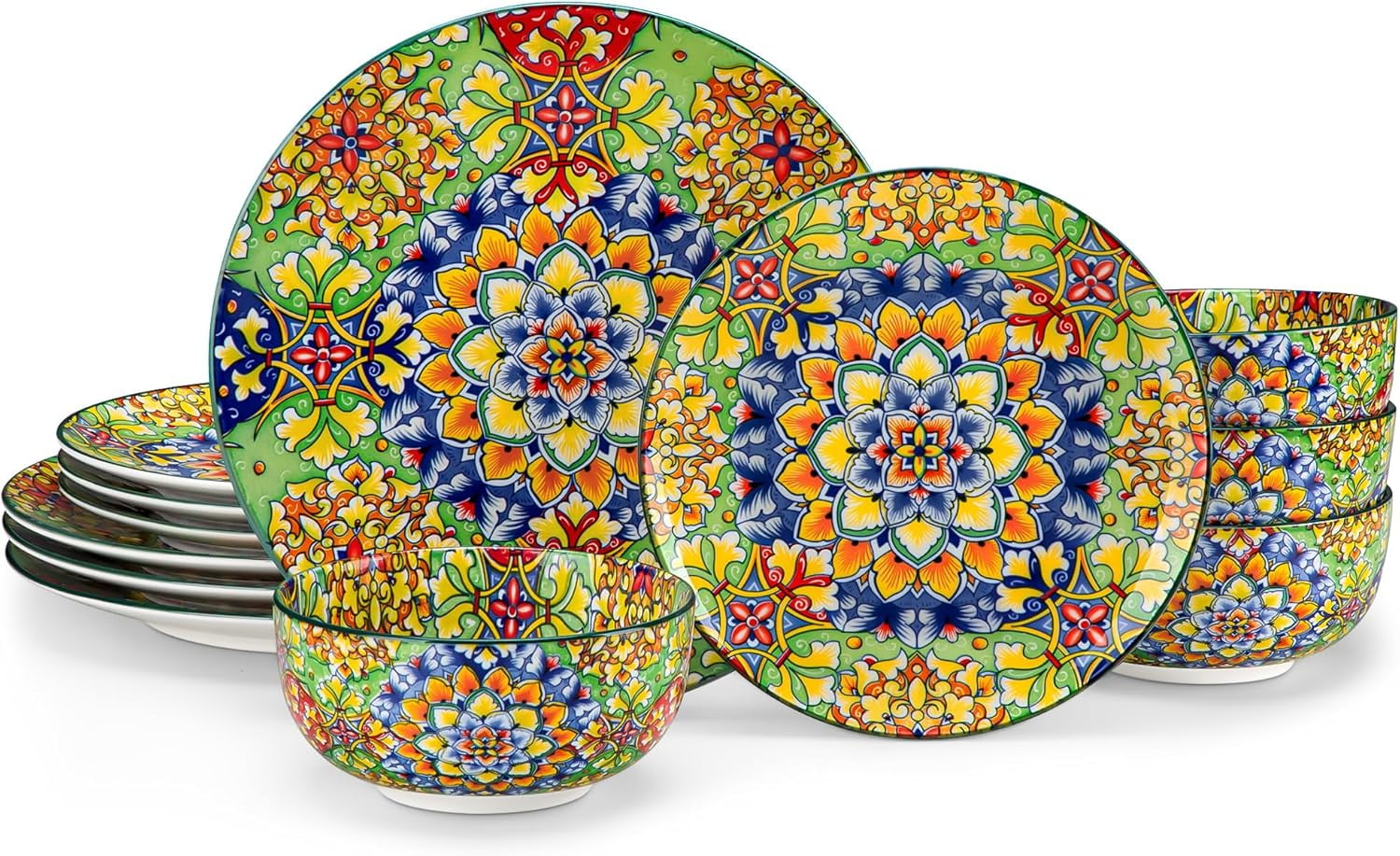 12 Pieces Dinnerware Sets, Green Plates and Bowls Set, Porcelain Dishes ...