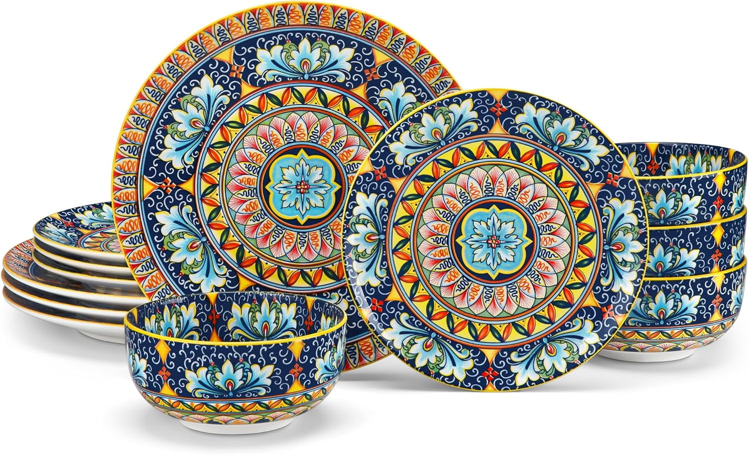 12 Pieces Dinnerware Sets, Yellow Plates and Bowls Set, Porcelain ...