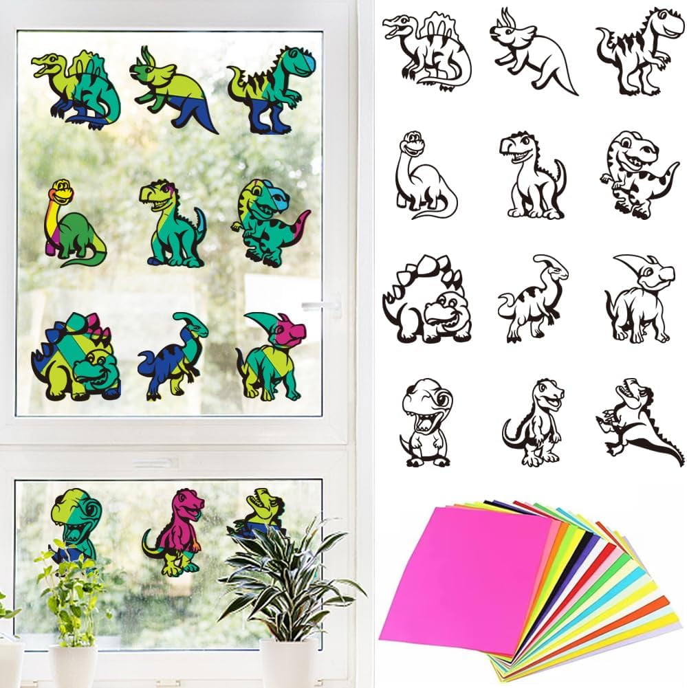 12 Pieces Dinosaur Suncatcher Crafts DIY Window Glass Art Kit with ...