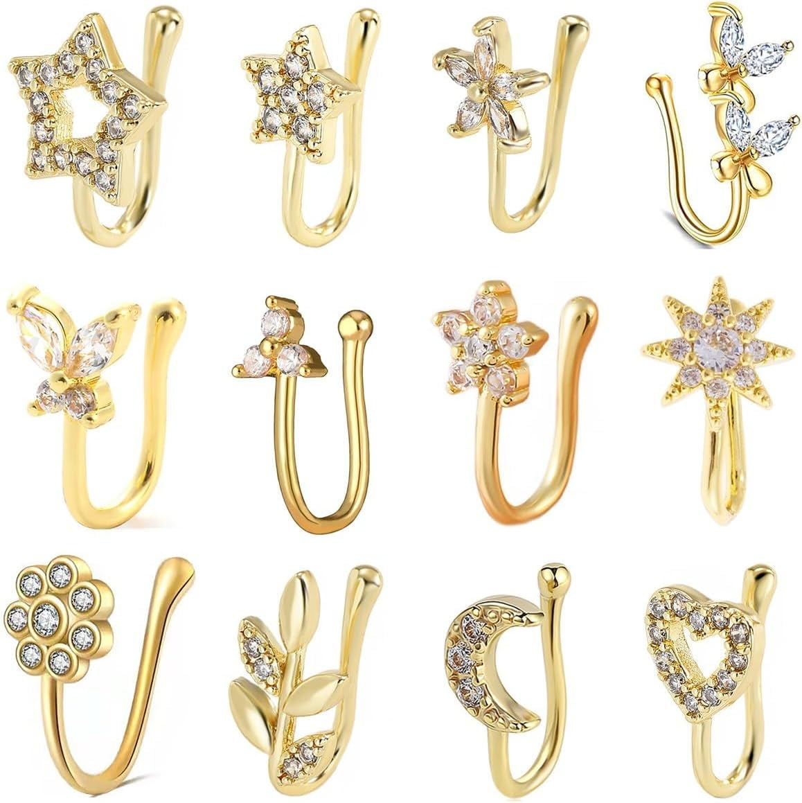 12 Pieces Fake Nose Ring Ear Clips Studs Non Piercing Earrings Inlaid Flower Star Heart Non ...