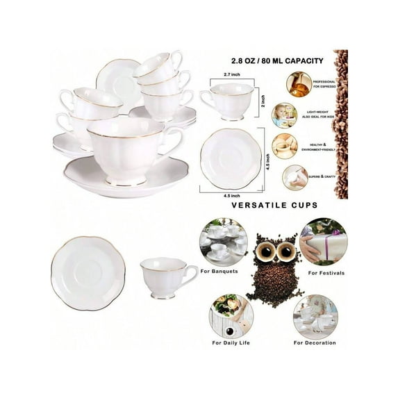 12 Pieces Fine Porcelain 2.5oz Cups And Saucers Set Of 6 Turkish Coffee ...