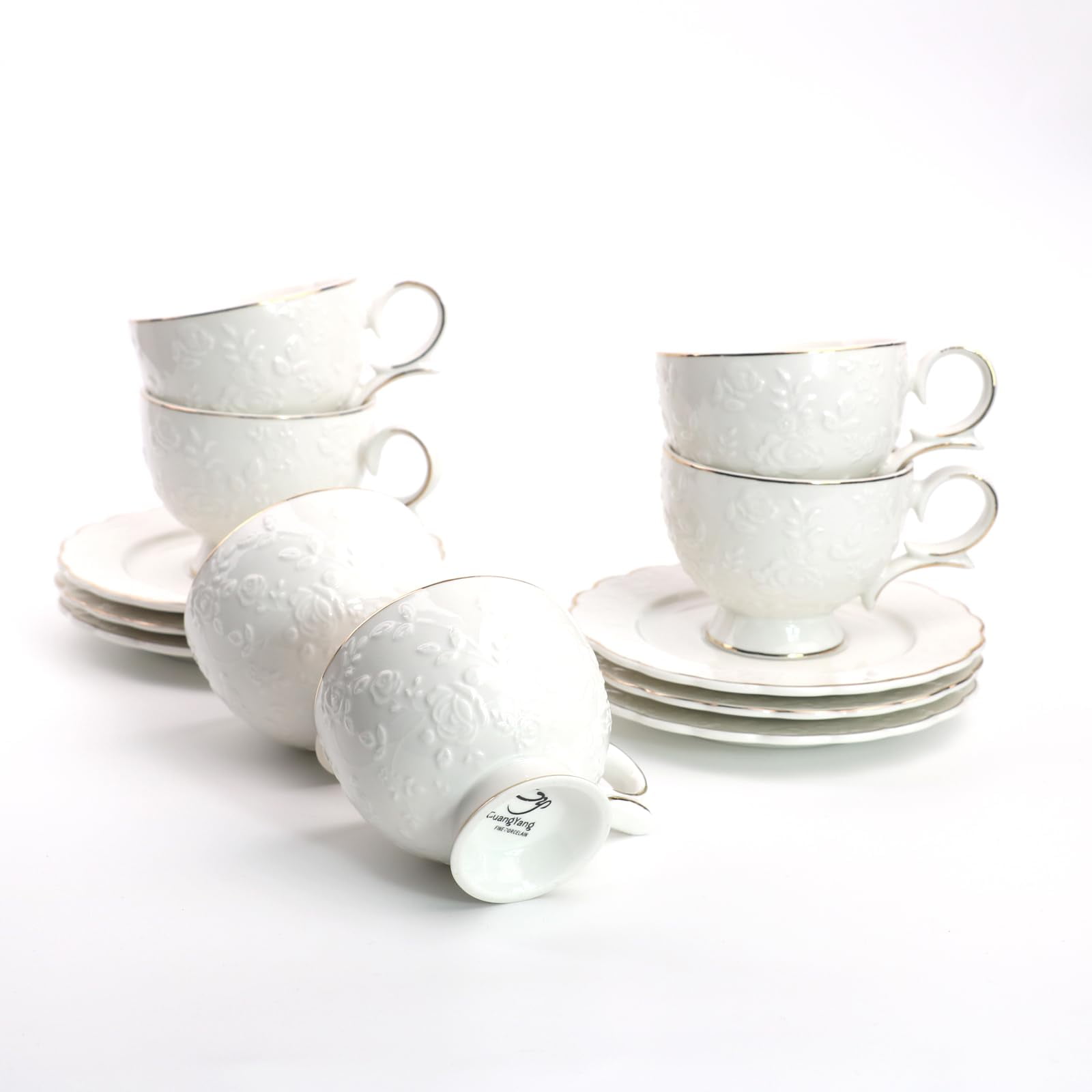 12 Pieces Fine Porcelain Unique Embossed Rose Tea Cups and Saucers set ...