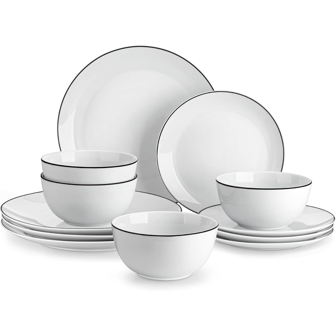 12 Pieces Gourmet Porcelain Dinnerware Sets, Modern White Dish Set for ...