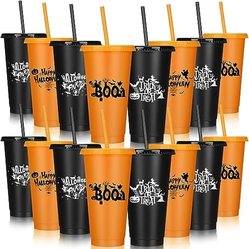 12 Pieces Halloween Plastic Cups With Straw and Lid - 24 oz Reusable ...