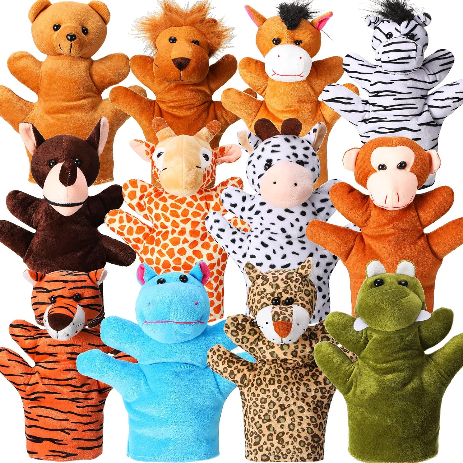 12 Pieces Hand Puppet Zoo Animal Plush Puppets Cute Animal Hand Puppets ...