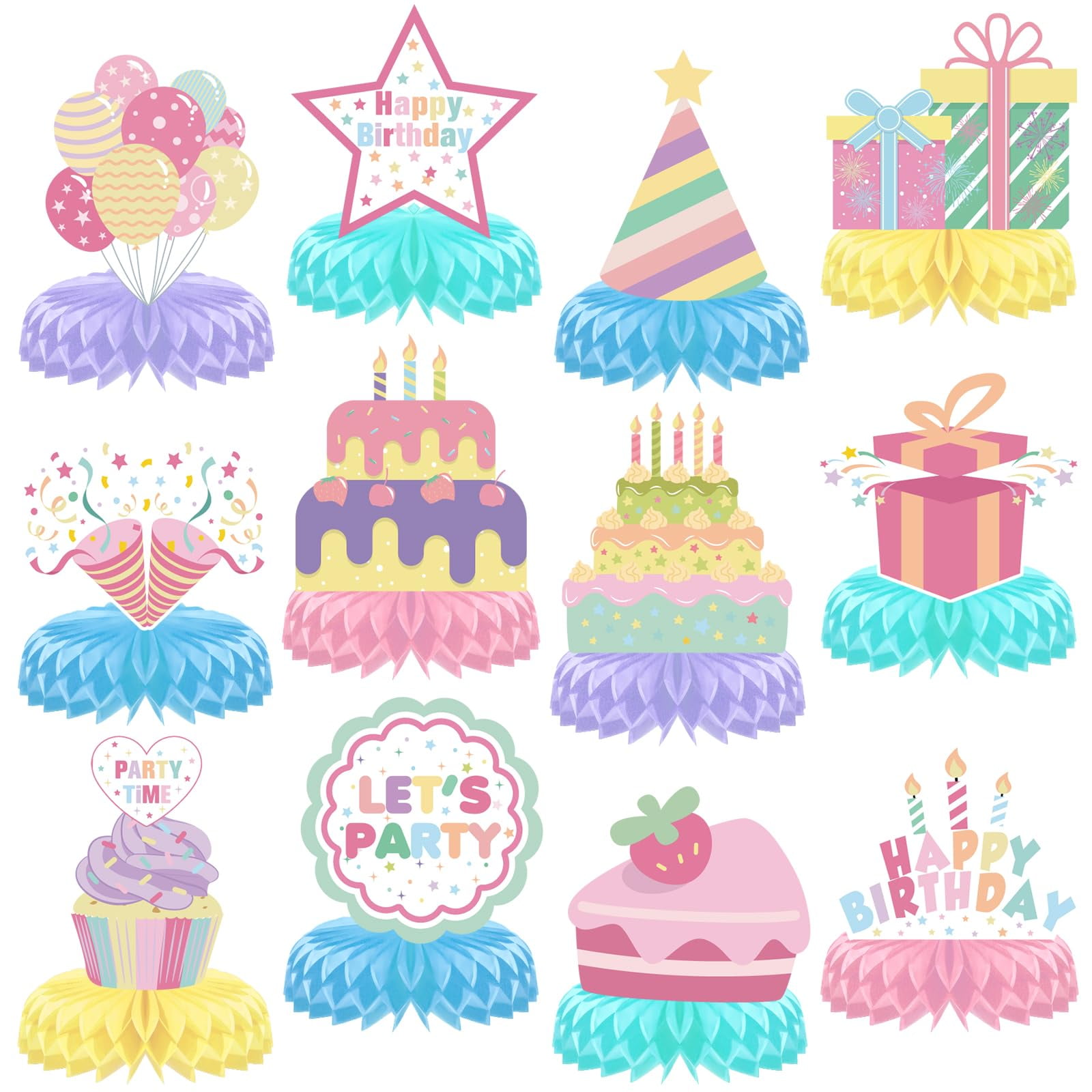 12 Pieces Happy Birthday Centerpiece Decorations BSL1 Pastel Birthday ...