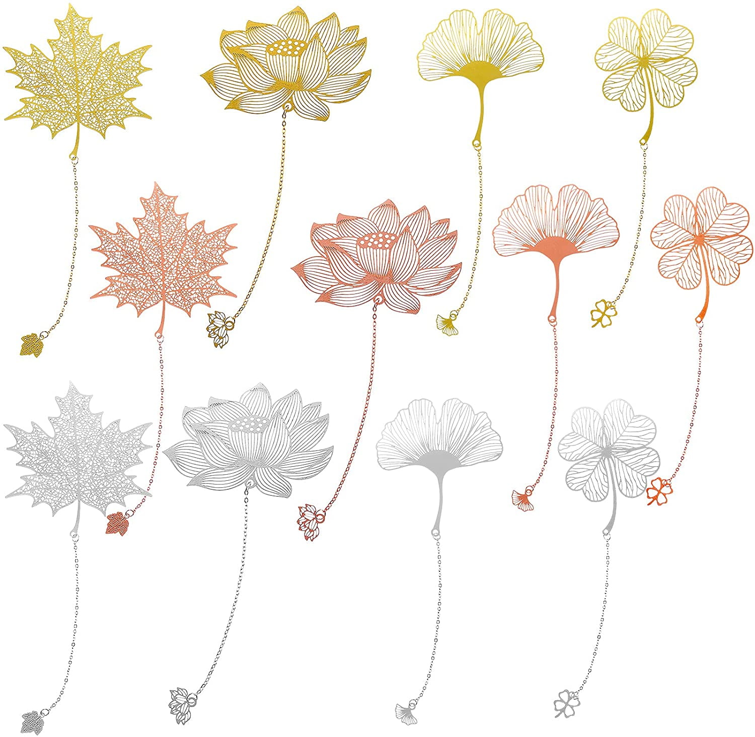 12 Pieces Metal Bookmarks with Chain for Women Metal Leaf Bookmark for ...