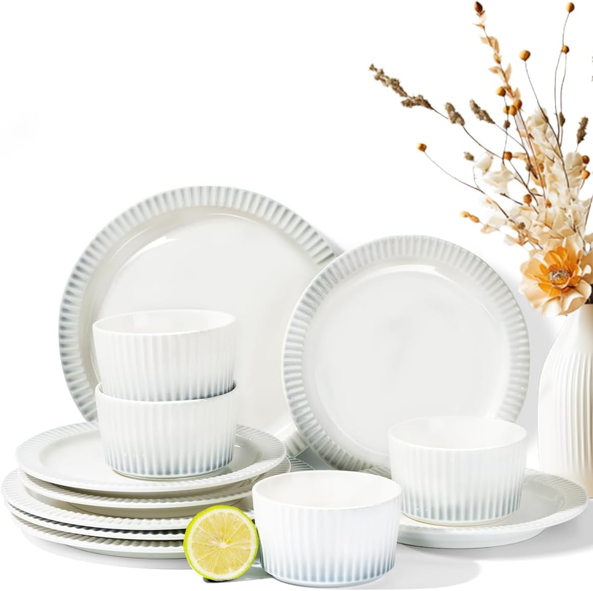 12-Pieces Modern Porcelain Dinnerware Set for 4 - Plates and Bowls with ...